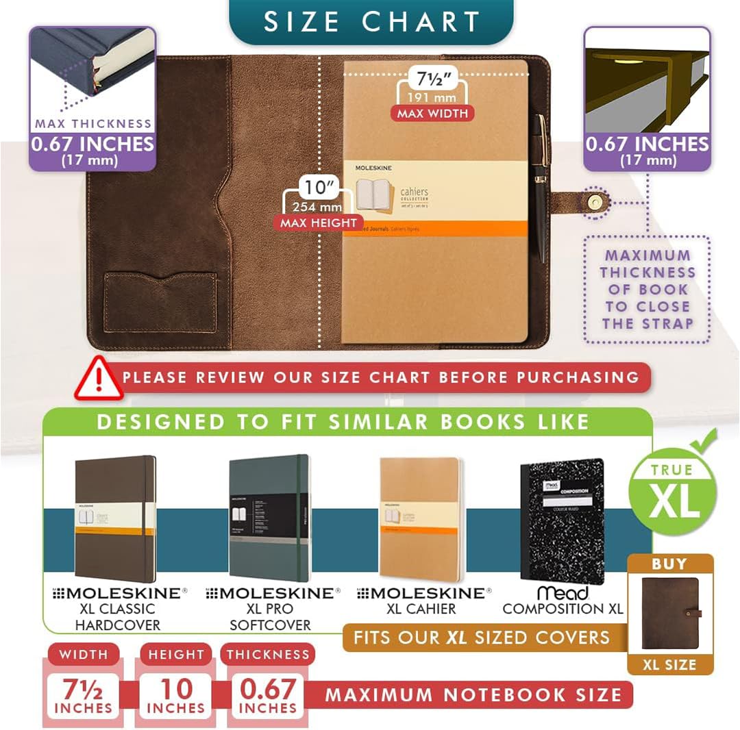 Elizo Leather Notebook Cover XL - Cahier Cover - Leather Journal Cover - Planner Cover - Leather Composition Notebook Cover - Refillable Notebook Cover - Leather Bible Cover - Fits 7.5 x 10