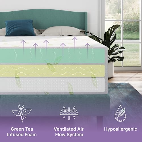 NapQueen Queen Mattress, 12 Inch Anula Green Tea Memory Foam Mattress, Queen Bed Mattress in a Box, CertiPUR-US Certified, Medium Firm, Breathable & Washable Soft Fabric Cover