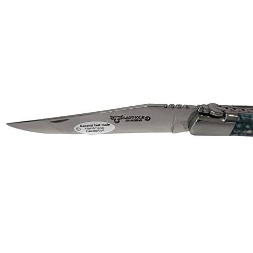Laguiole en Aubrac Handmade Luxury Folding Pocket Knife, 4.8-in (12cm), Turquoise & Black Paper Waves Handle, Hand Forged Bee, Stainless Steel Shiny Bolsters