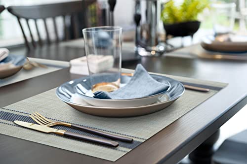 More Décor Dining Table Placemats, Washable Heat-Resistant PVC Vinyl Table Mats for Dining Room and Kitchen, Anti-Slip - Set of 6 - Vertical Striped Blue - Grey