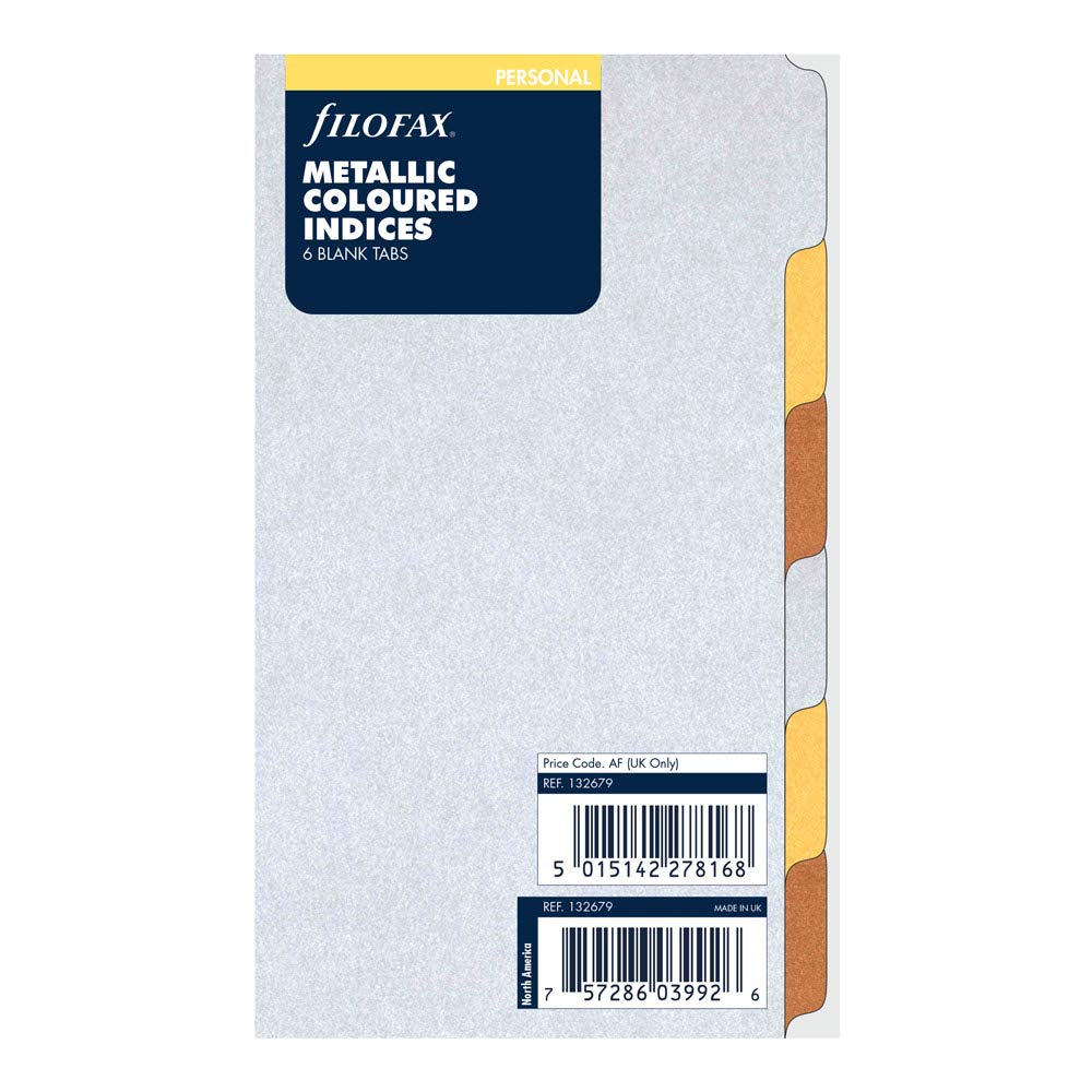 Filofax B132679, 6-Tabs Index Organizer Refill, Personnal Size, Metallic Colors, Blank