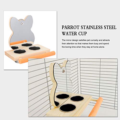 Parrot Mirror with Water Food Bowl Wood Holder Cage Accessory Feeding Bowl Parakeet Toys