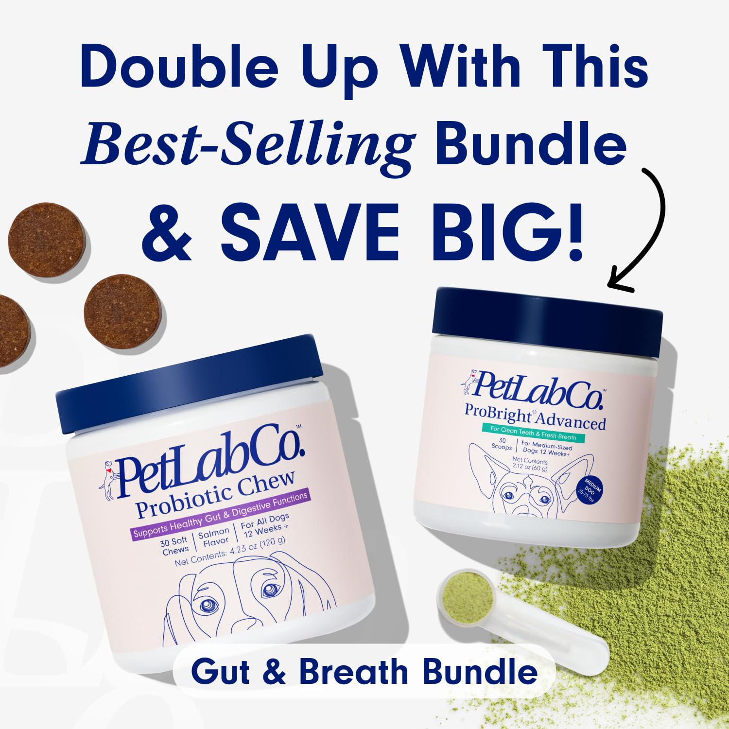 PetLab Co. β Gut & Breath Bundle: Dental Powder for Fresh Breath in 1 Scoop. for Small Dogs & Salmon Dog Probiotics to Support a Healthy Gut - Easy to Use β Innovative Formulas