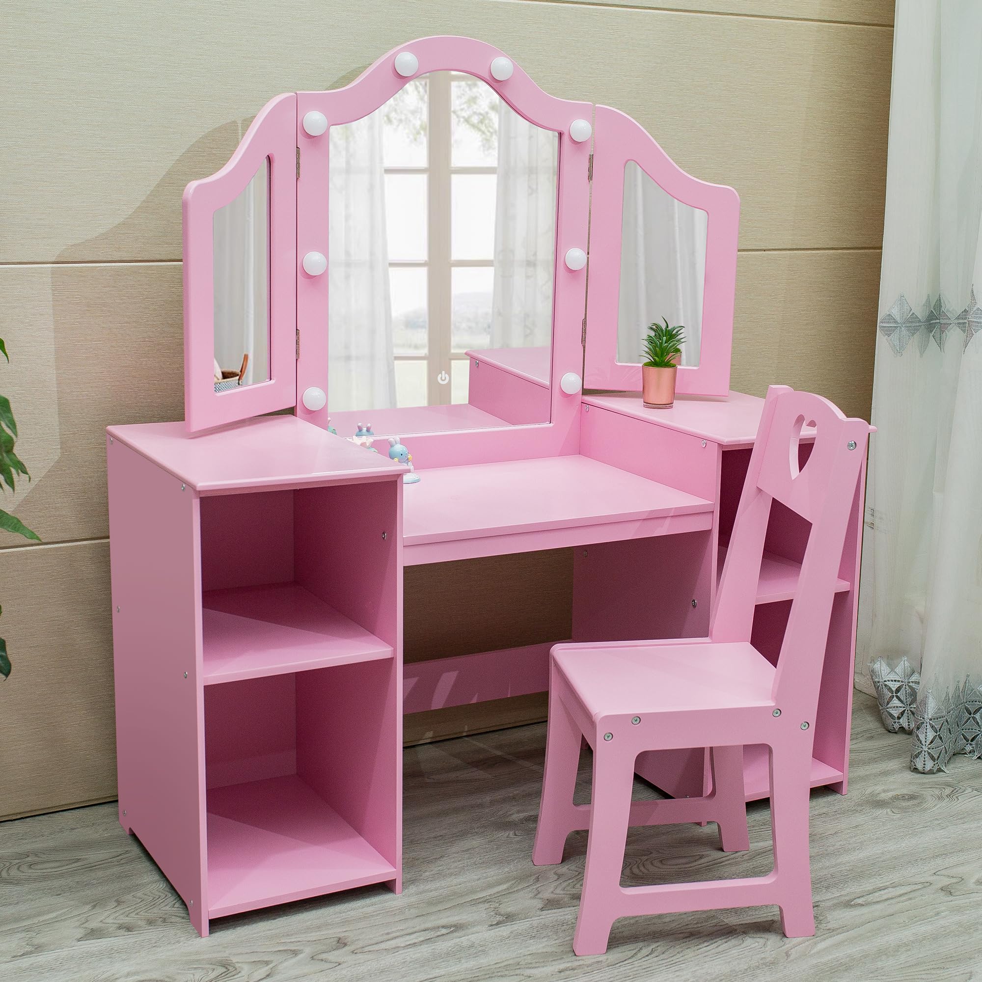 Kids Vanity Table, Girls Vanity Withtouch Light Detachable Tri-Folding Mirror, Open Storage Shelves, Wood Makeup Playset with Chair, Princess Vanity Table for Toddlers