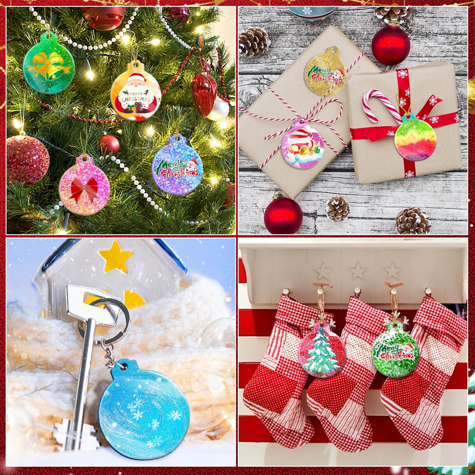 FEBSNOW 4PCS Christmas Ornaments Resin Molds Round Silicone Resin Ornaments Molds with Strings Epoxy Pendant Casting Molds for Resin Resin Molds Silicone for DIY Crafts Making Holiday Xmas Home Decor