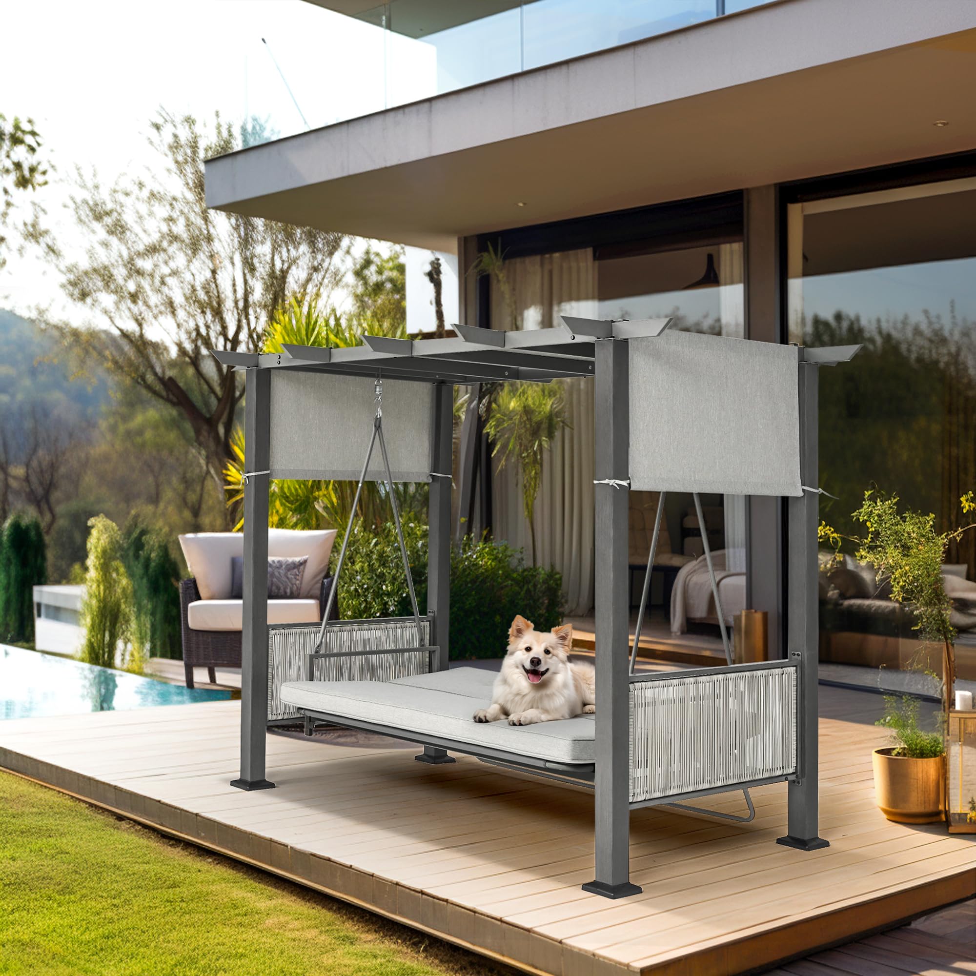 PAMAPIC 3-Seat Patio Swing Chair,Outdoor Patio Swing Bed with Adjustable Curtains,Porch Swing Bed for Balconies, Gardens and Poolside,Grey