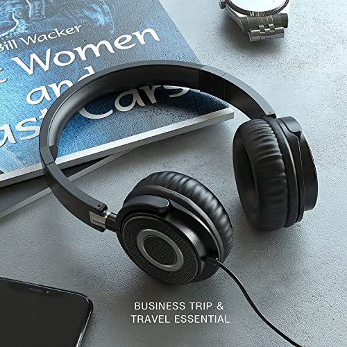Nasuque Headphones with Microphone, Lightweight Foldable on Ear Headset for Kids Teens Adults, Wired Stereo Headphones with Deep Bass, Portable Design for Home Office Travel Virtual Schooling, Black