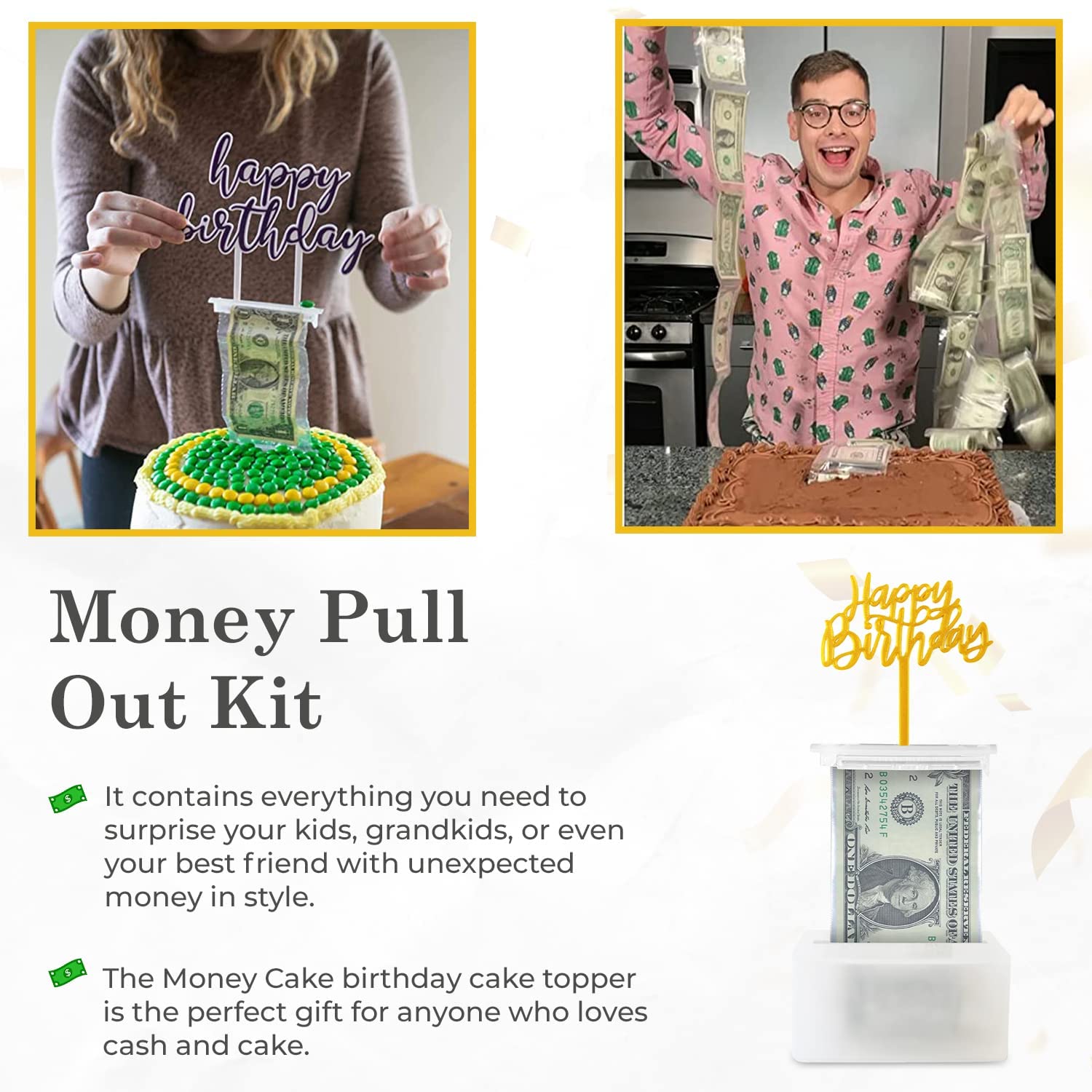 The Money Cake - Money Cake Pull Out Kit Includes 1 Money Box 2 Plastic Roll 40 Transparent Bag Connected Pocket Each, and 2 Surprise Cake Toppers for Birthday and Graduation Parties