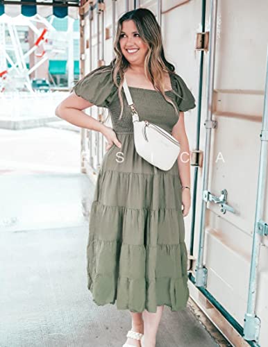 ZESICA Women's 2023 Summer Square Neck Short Puff Sleeve Solid Color High Waist Casual Smocked Flowy A Line Tiered Midi Dress,ArmyGreen,Small