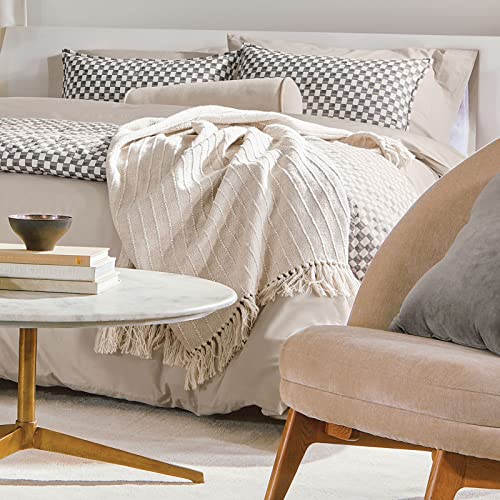 Nate Home by Nate Berkus Lightweight Textured Weave Cotton Throw Blanket | with Fringe Detail, Breathable, All-Season Decoration for Bedding from mDesign - 50" x 60", Natural (Tan)