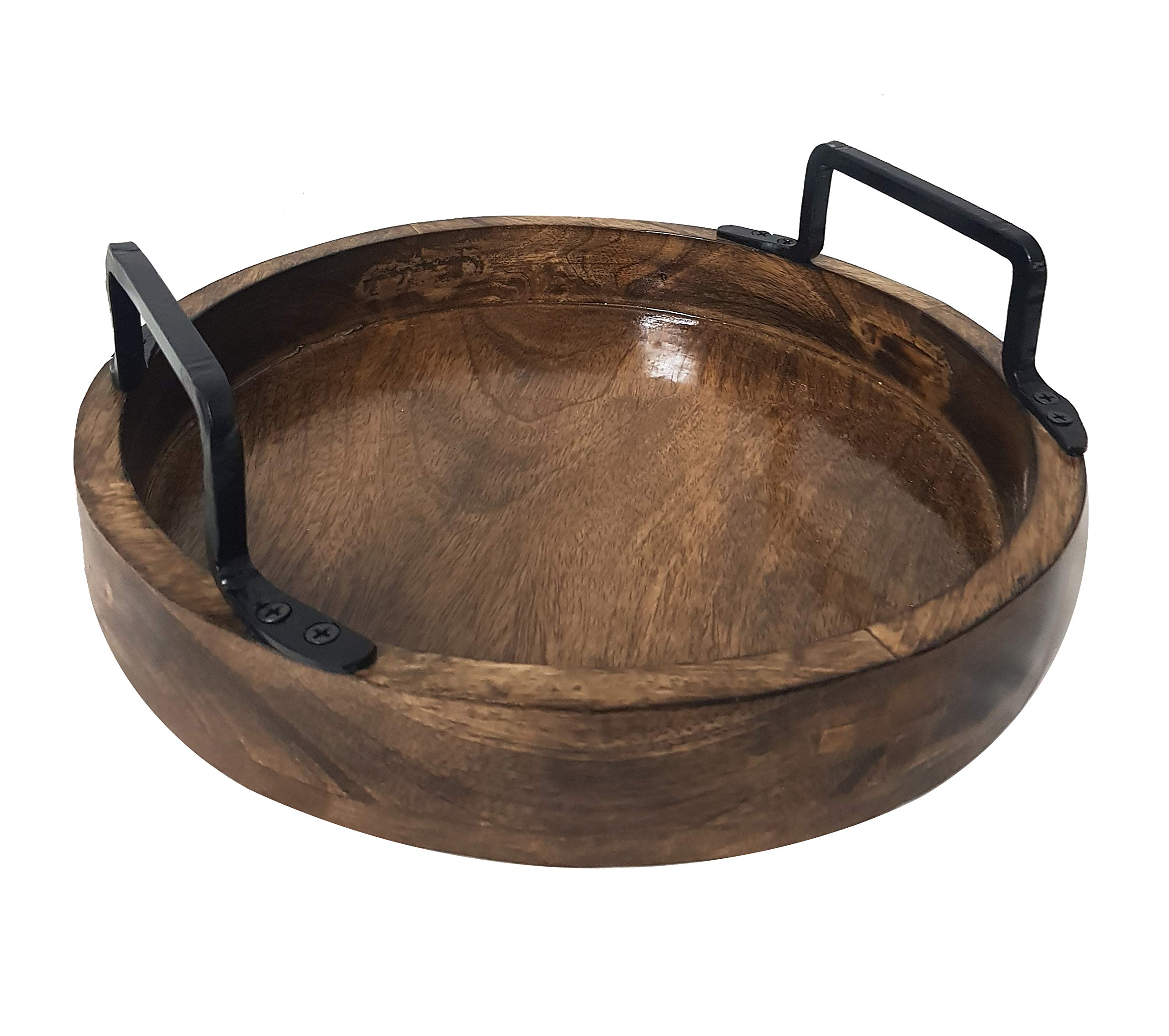 Handcrafted Antique Rustic Wooden Round Serving Trays Round with Handles Brown Kitchen Accessories Set of 2