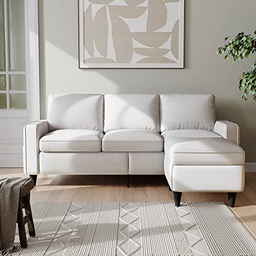 Small Sectional Sofa, Convertible L-Shaped Couch with Reversible Storage Chaise & Storage Side Pockets, 3-Seat Modular Sofa for Living Room, Apartment, Dorm, Small Space (Beige)