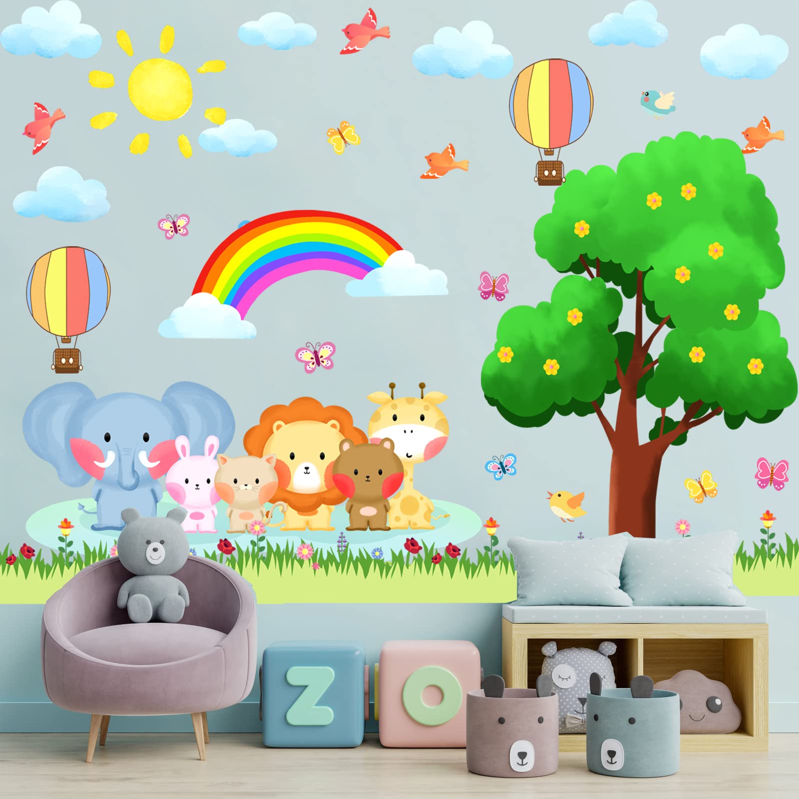 KOKOLAP 3 Sheet Big Tree Animal Wall Stickers,Forest Animal Wall Decal Baby Room Decor,Nursery Wall Decor Sun Wall Stickers Peel and Stick,Elephant Bear Wall Sticker Kids Room Bedroom Classroom Decor