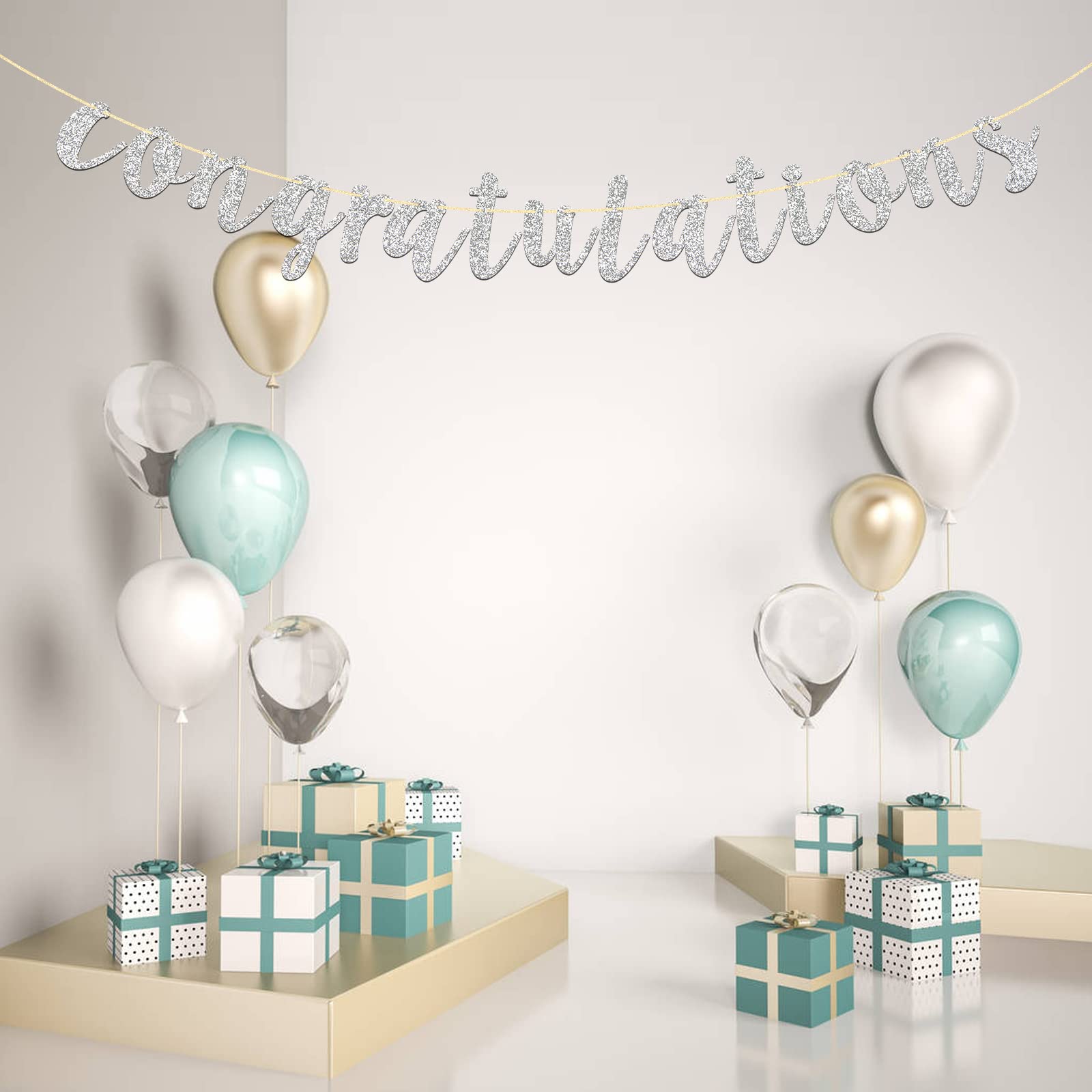 Silver Glitter Congratulations Banner for Wedding, Anniversary, Graduation, Congrats Master Bunting, Retirement Party Decorations Supplies