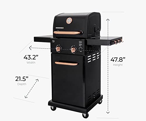 Permasteel 2-Burner Gas Grill, Foldable Side Tables, Grilling Tool Hooks, Propane Gas Barbecue Grill, Black with Copper Accent