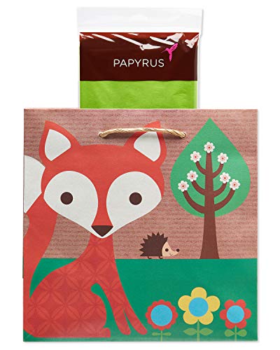 Papyrus 9" Medium Gift Bag with Tissue Paper (Fox) for Baby Showers or Birthdays (1 Bag, 8-Sheets)