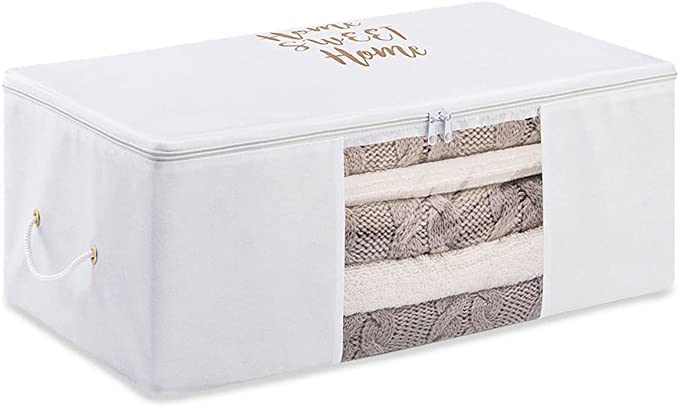 STUFF & THINGS 2 Pack PVC Storage Bags for Bedroom, Clothes and Blanket Organizer, Double Zipper Organization Bag, Foldable Fabric Boxes Laundry Room, Large Capacity Comforter Bag (2 White)