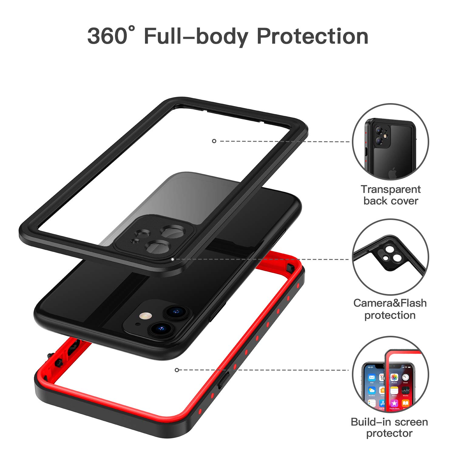 Fansteck iPhone 11 Waterproof Case, (6.1 inch) IP68 Full-Body Protective Case with Built-in Screen Protector, Snowproof/Dirtproof/Shockproof Case, High Sensitive Screen Touch (Red/Black)