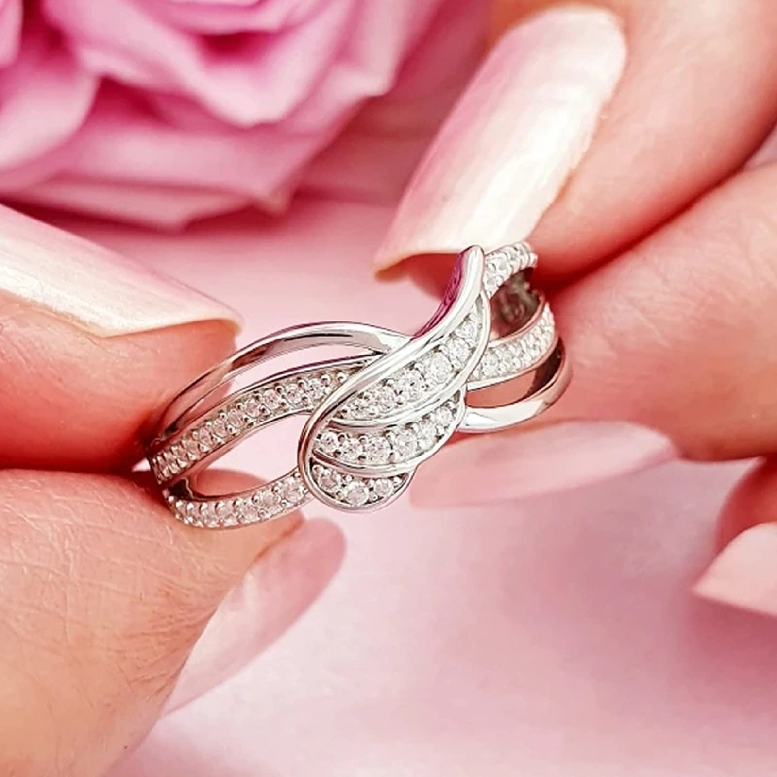JASXEYO Angel Wings CZ Ring Big Feather Ring Jewelry Gift for Women,Feather Cubic Zirconia Fashion Ring, Platinum Plated Size 6-10 (7)