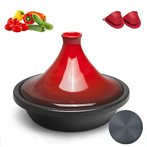 Thickened Cast Iron Tagine Pot, with Gloves Potholder, for Different Cooking Styles and Temperature Settings, Enameled Tajine, Oven Safe Dish Clay / 27cm with Thermal Board/Red