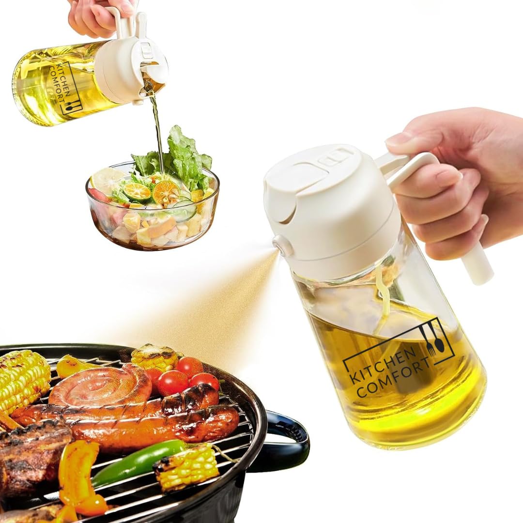 Kitchen Comfort 2 in 1 Oil Sprayer and Dispenser for Cooking - 16oz/470ml Glass Oil Bottle with Nozzle - Oil Sprayer for Cooking, Baking, Vinegar, Air Fryer, Frying, Olive Oil Sprayer – Off White