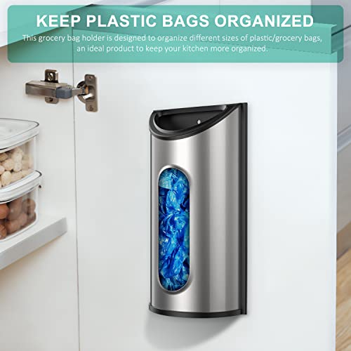 Plastic Bag Holder, Grocery Bag Holder and Dispenser for Plastic Bags,Wall Mount Bag Saver,Kitchen Trash Bag Organizer,Fingerprint Resistant,Brushed Stainless Steel,Matte Silver
