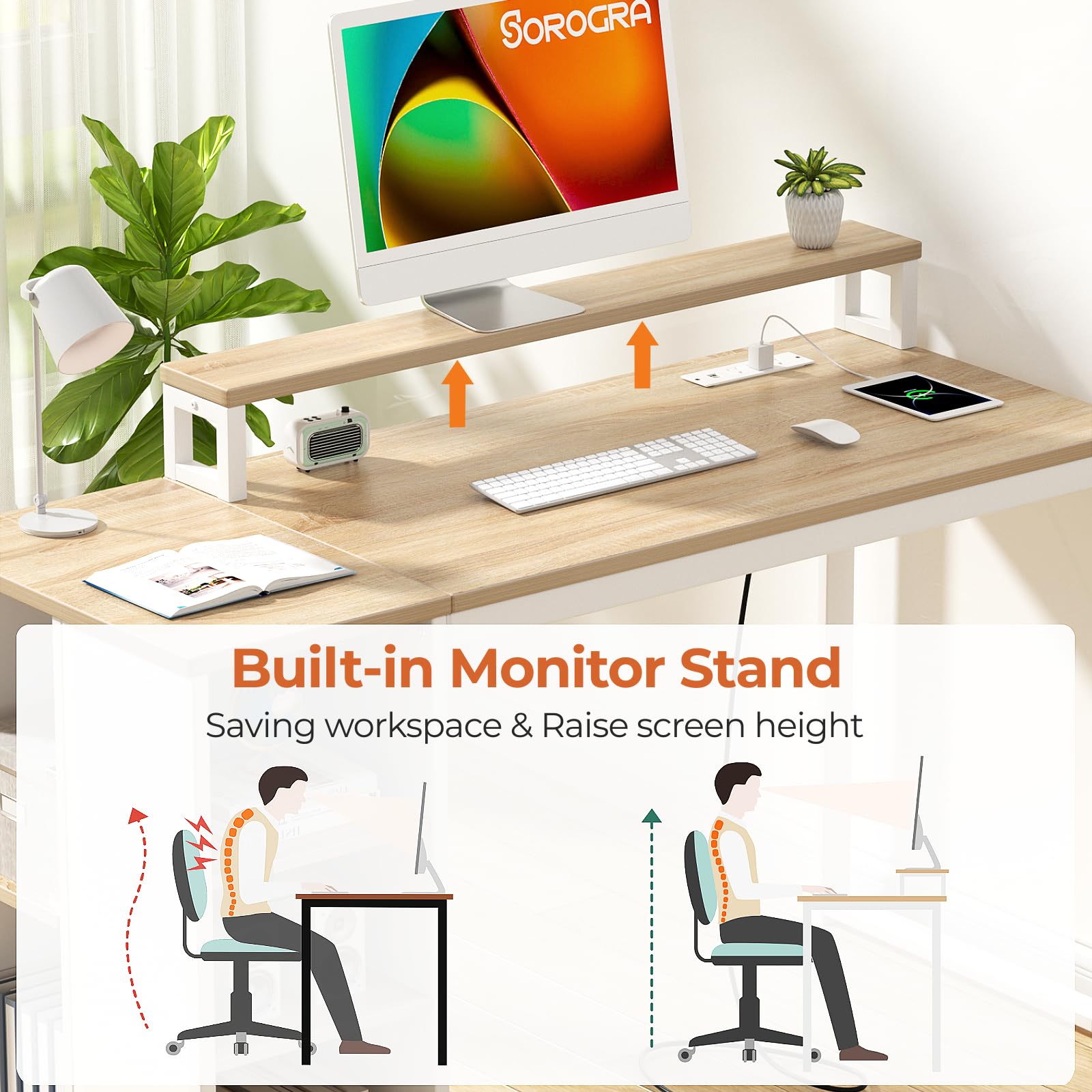 SOROGRA Small Computer Desk with Storage Shelves 39.4 inch Home Office Desk with LED Lights and Power Outlets, Writing Desk with Monitor Stand for Bedroom, Small Space, Oak