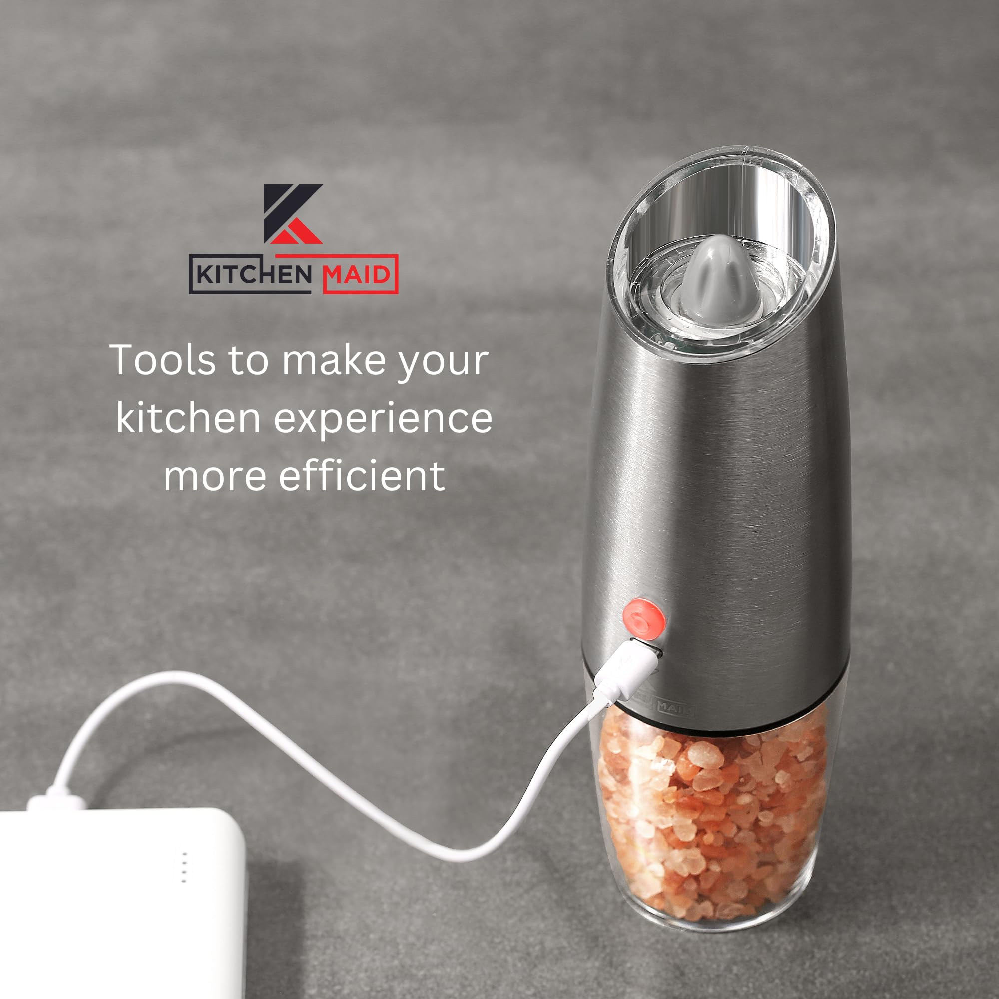 Kitchen Maid Gravity Electric Salt and Pepper Grinder Set Rechargeable, Adjustable Automatic Electric Salt and Pepper Shakers, Stainless Electric Salt Pepper Grinder Mill Rechargeable USB-C