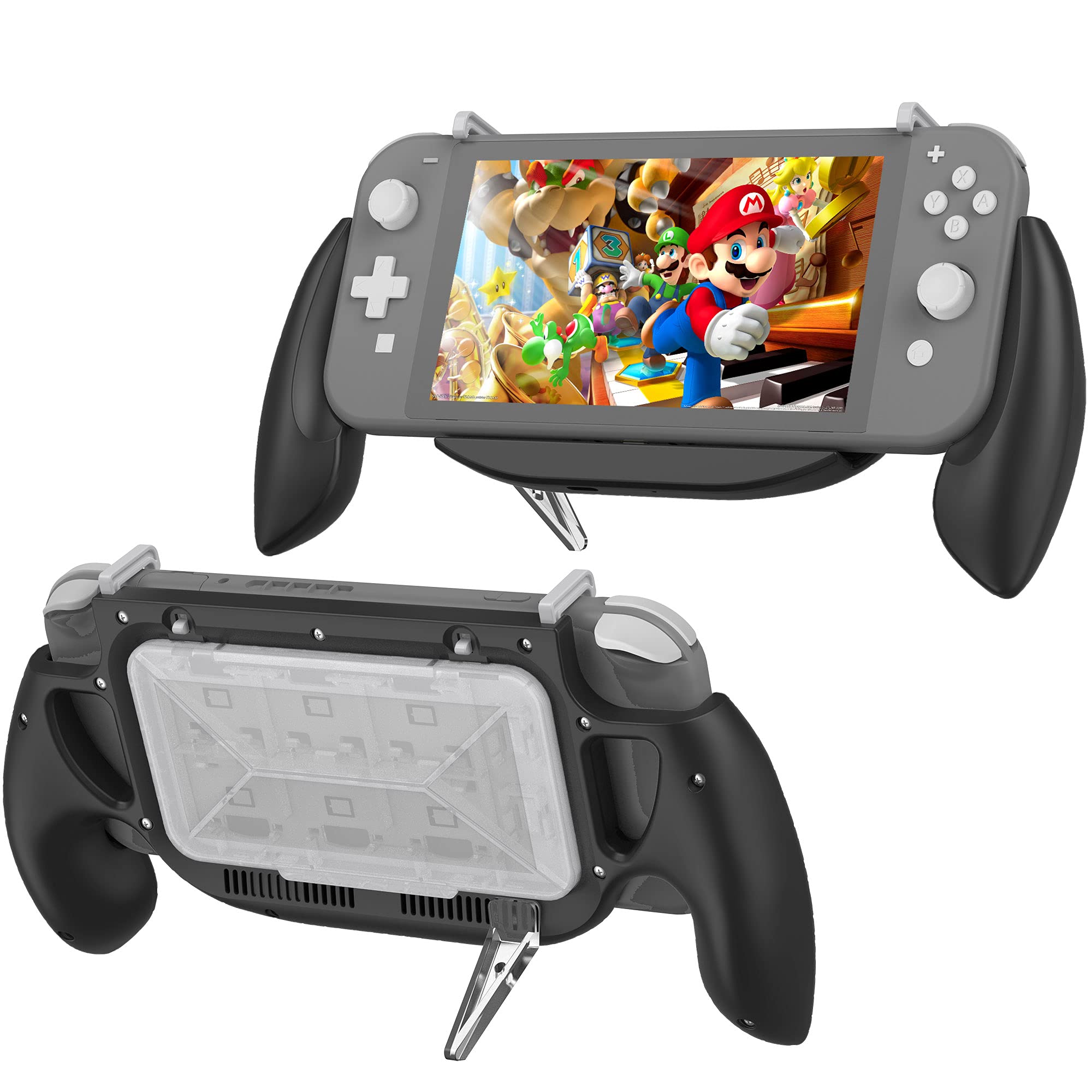 Hand Grip Case for Switch Lite, KIWIHOME Switch Lite Grip with Stand Ergonomic Comfort Handles with Game Storage Case Support Quick USB Charging Protective Case Kit for Switch Lite (Black)