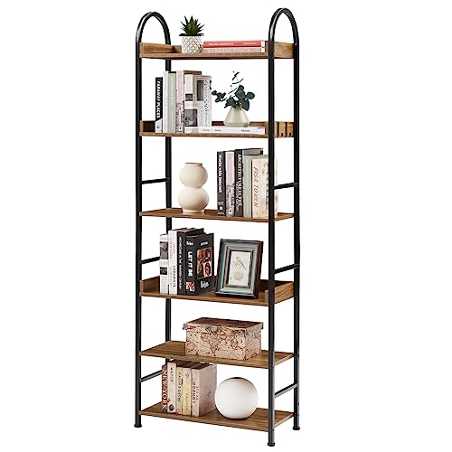 SmallCock Tall Bookshelf, 6-Tier Shelves with Round Top Frame, MDF Boards, Adjustable Foot Pads (Brown)