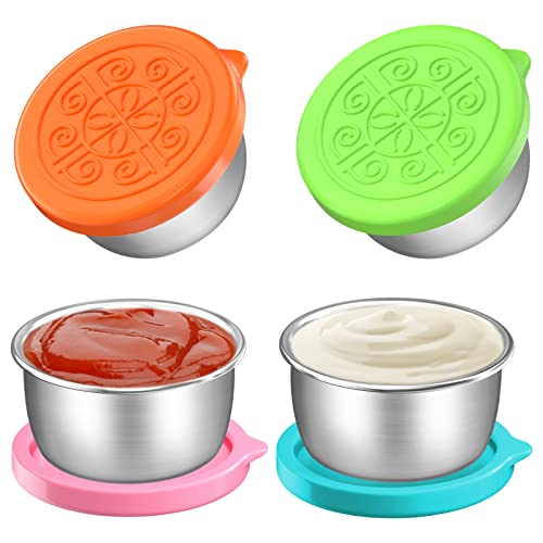 Stainless Steel Condiment Containers with Lids, 4 x1.7 oz Salad Dressing Container To Go, Leakproof Reusable Sauce Container with Silicone Lids, Small Dipping Sauce Cups for Lunch Box Picnic Travel
