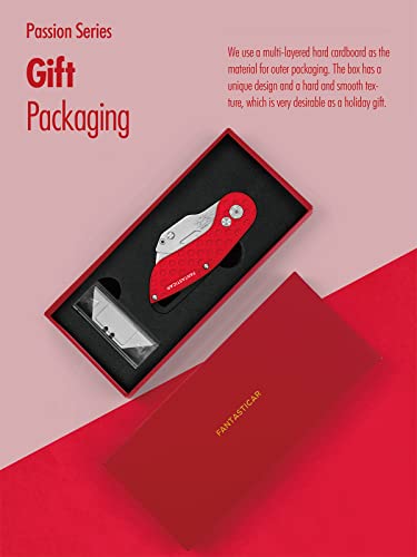 FantastiCAR Folding Utility Knife Cute Box Cutter, Chic Hearts Pattern on Metal Body, with 5 Extra Blades (Red)