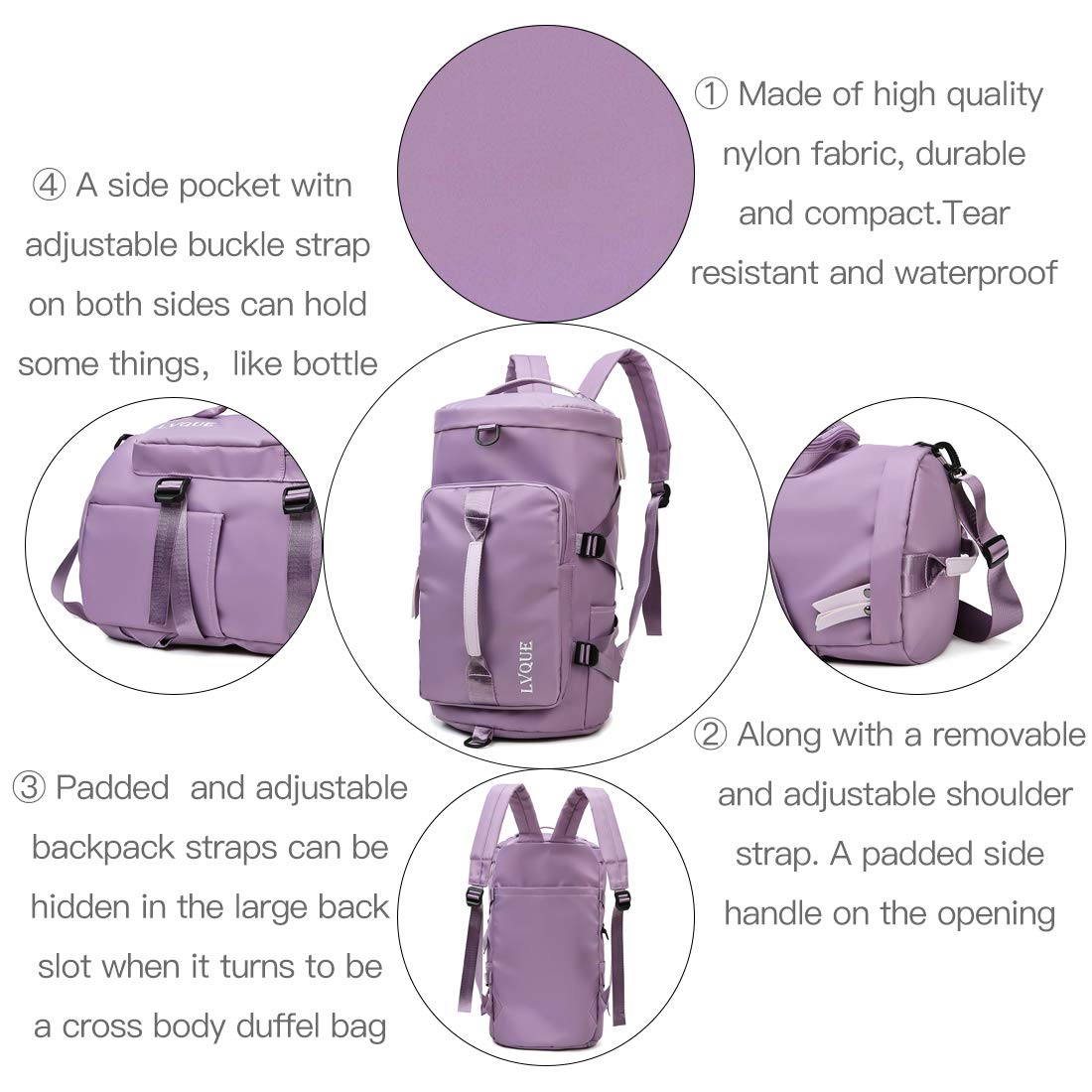 fancyfree Multipurpose Travel Backpack, Large Capacity Gym Duffle Bag, Daily Sport Backpack Tote with Individual Shoe Pockets for Men and Women (Purple)