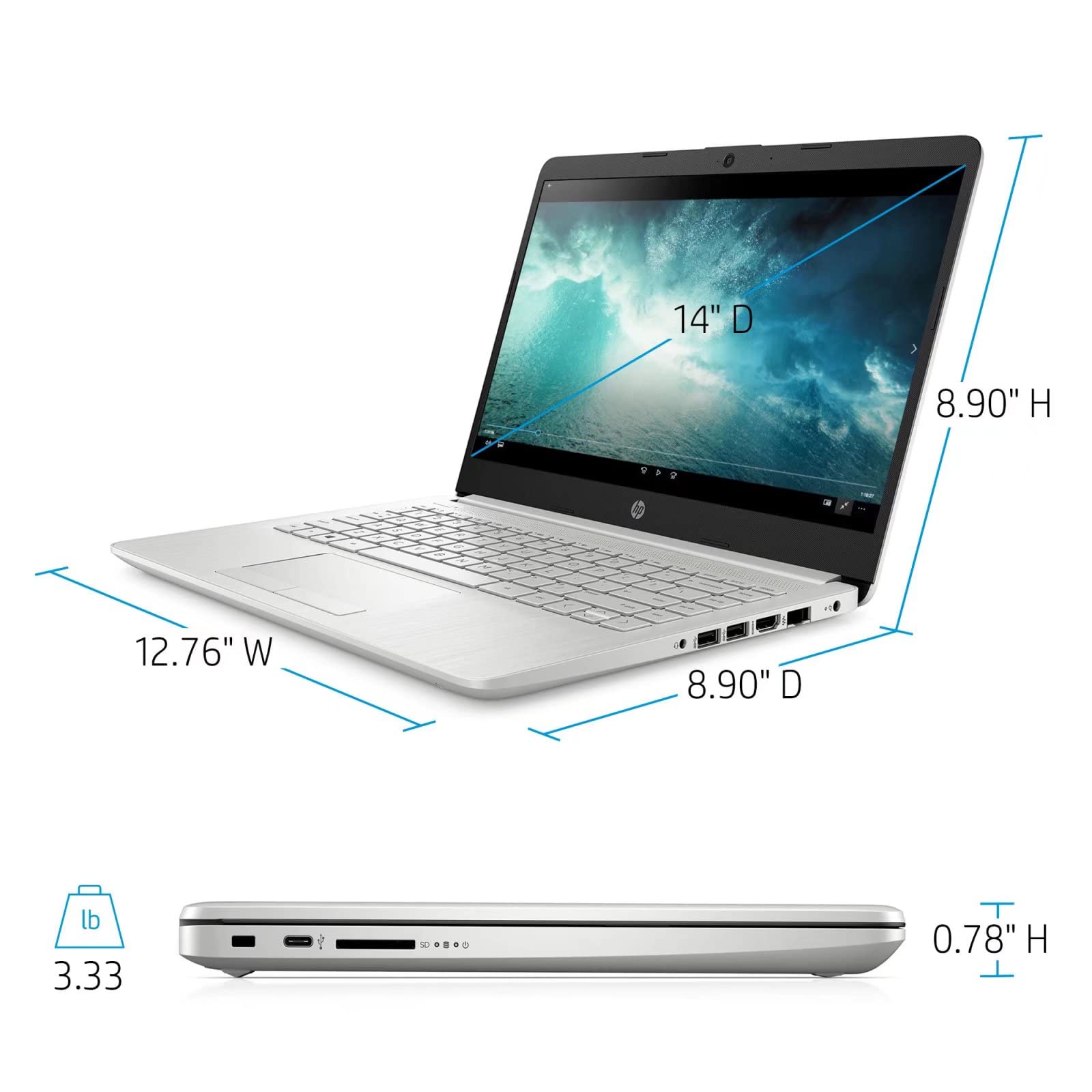 HP 14" FHD Laptop, AMD Ryzen 3-3250U (up to 3.5 GHz), 8GB RAM 1TB HDD + 128GB SSD, Ethernet, USB-A&C, Webcam, WiFi, Bluetooth, HDMI, Fast Charge Silver, Windows 10, ABYS Mouse Pad