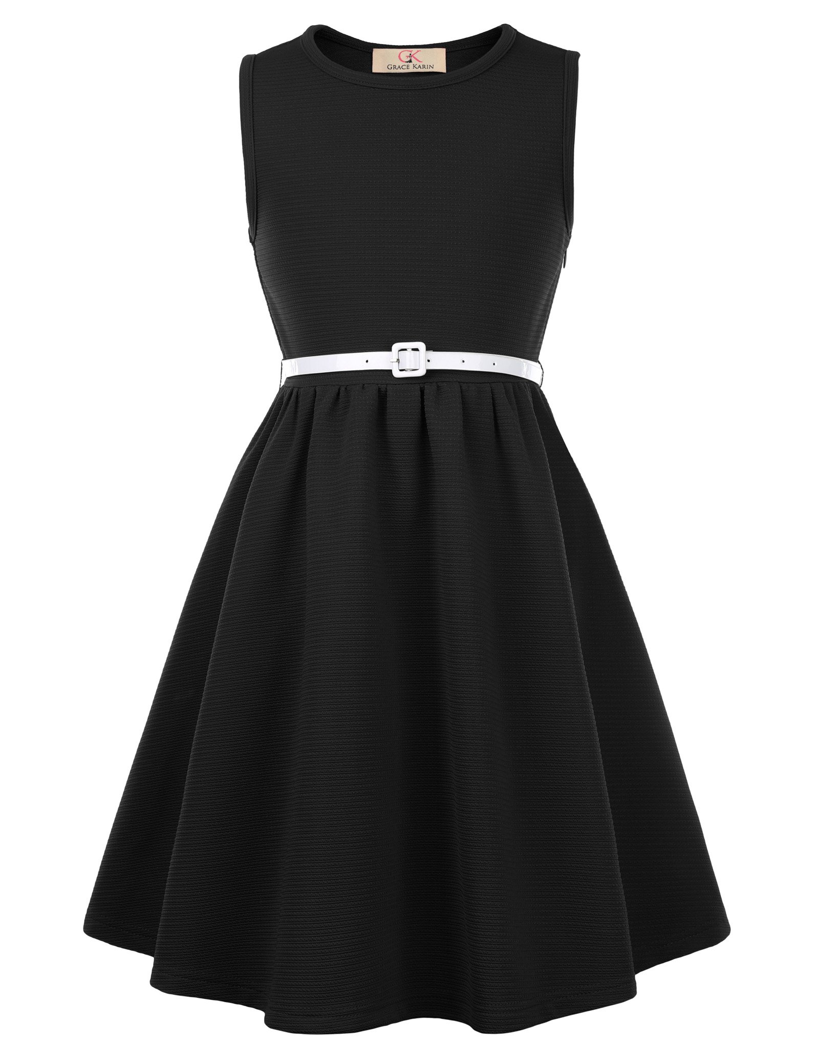 GRACE KARIN Girls Retro Floral Print Swing Dresses with Belt (12-13 Years, Black)