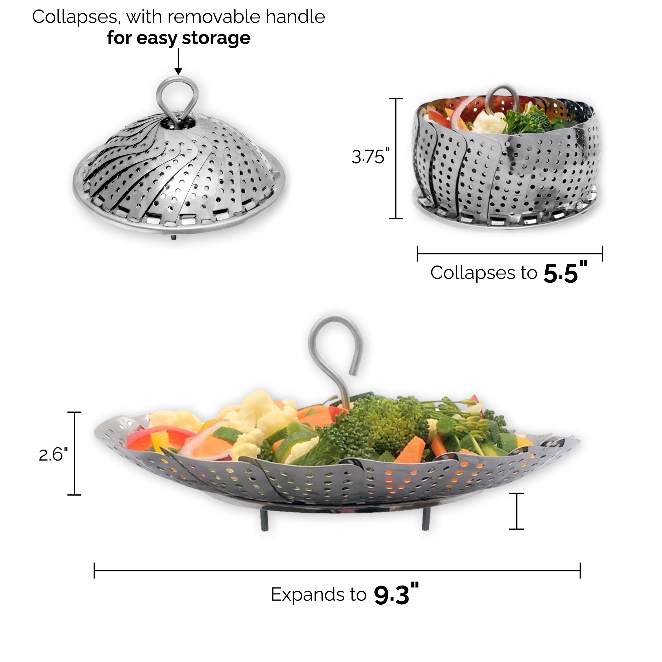 Kitchen Deluxe Vegetable Steamer Basket - Fits Instant Pot Pressure Cooker 3, 5, 6 Qt & 8 Quart - 100% Stainless Steel - Accessories Include Safety Tool + Julienne Peeler + eBook - For Instapot