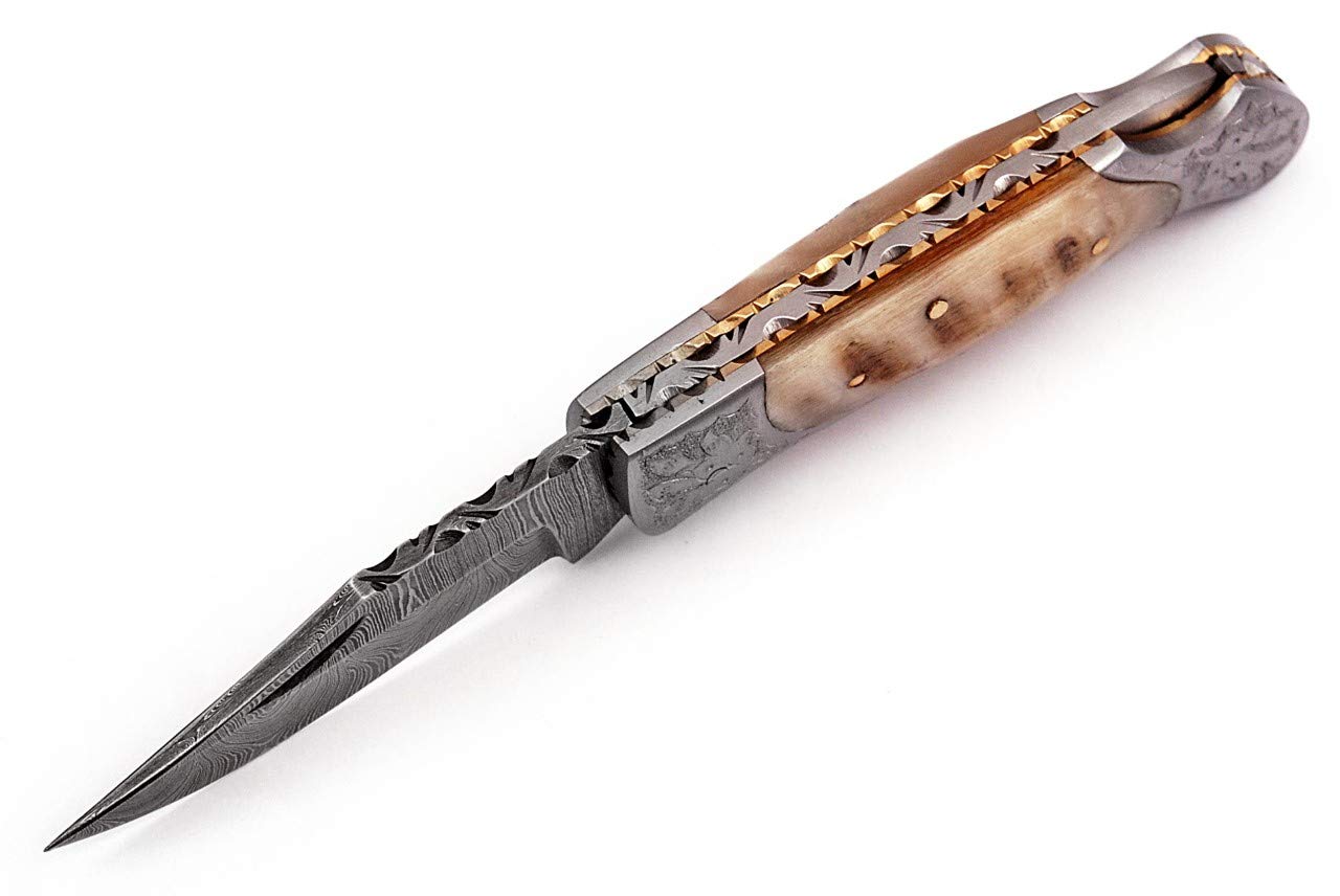 Handmade Damascus Steel Pocket Knife - Damascus Folding Knife - Pocket Knife for Men, EDC gift Knife & Damascus Blade Hunting Skinning Knife with Back Lock & Ram Horn Handle with Leather Knife Sheath