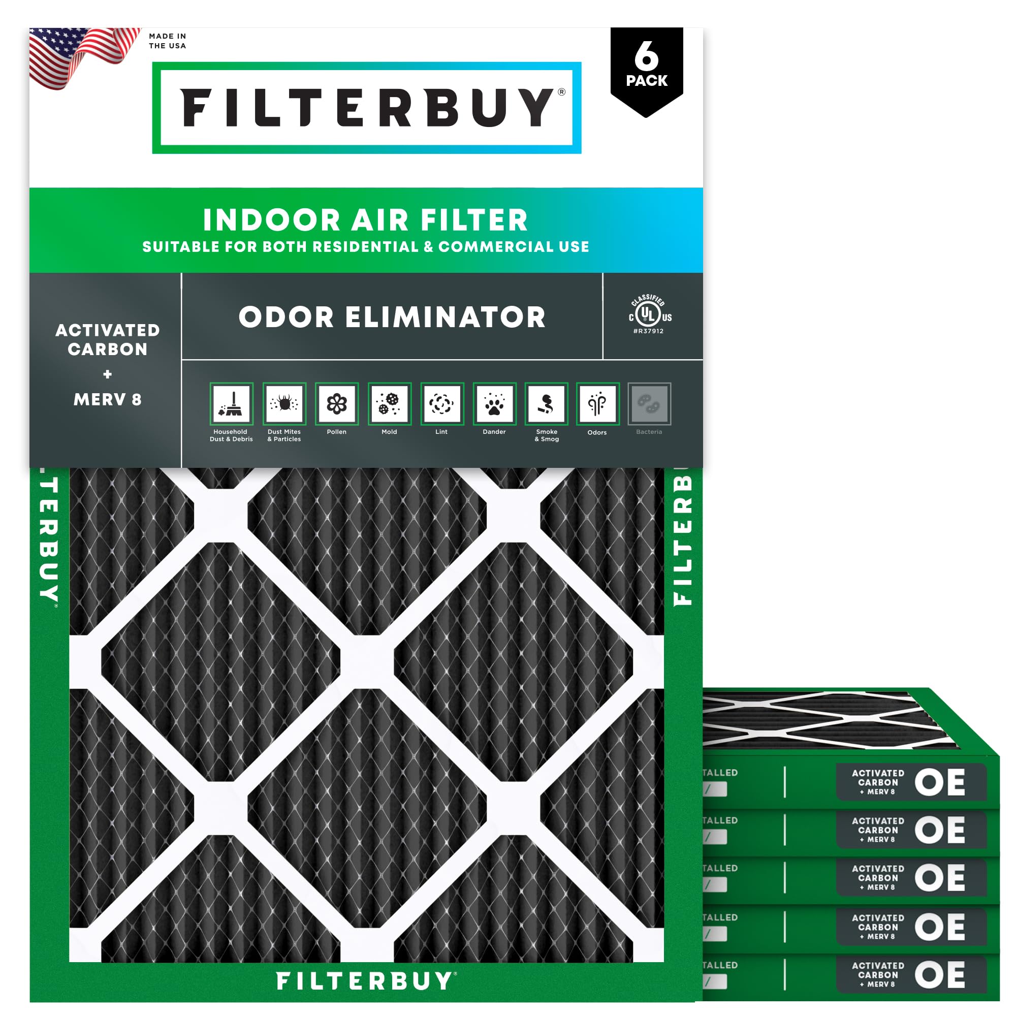 Filterbuy 20x25x1 Air Filter MERV 8 Odor Eliminator (6-Pack), Pleated HVAC AC Furnace Air Filters Replacement with Activated Carbon (Actual Size: 19.50 x 24.50 x 0.75 Inches)