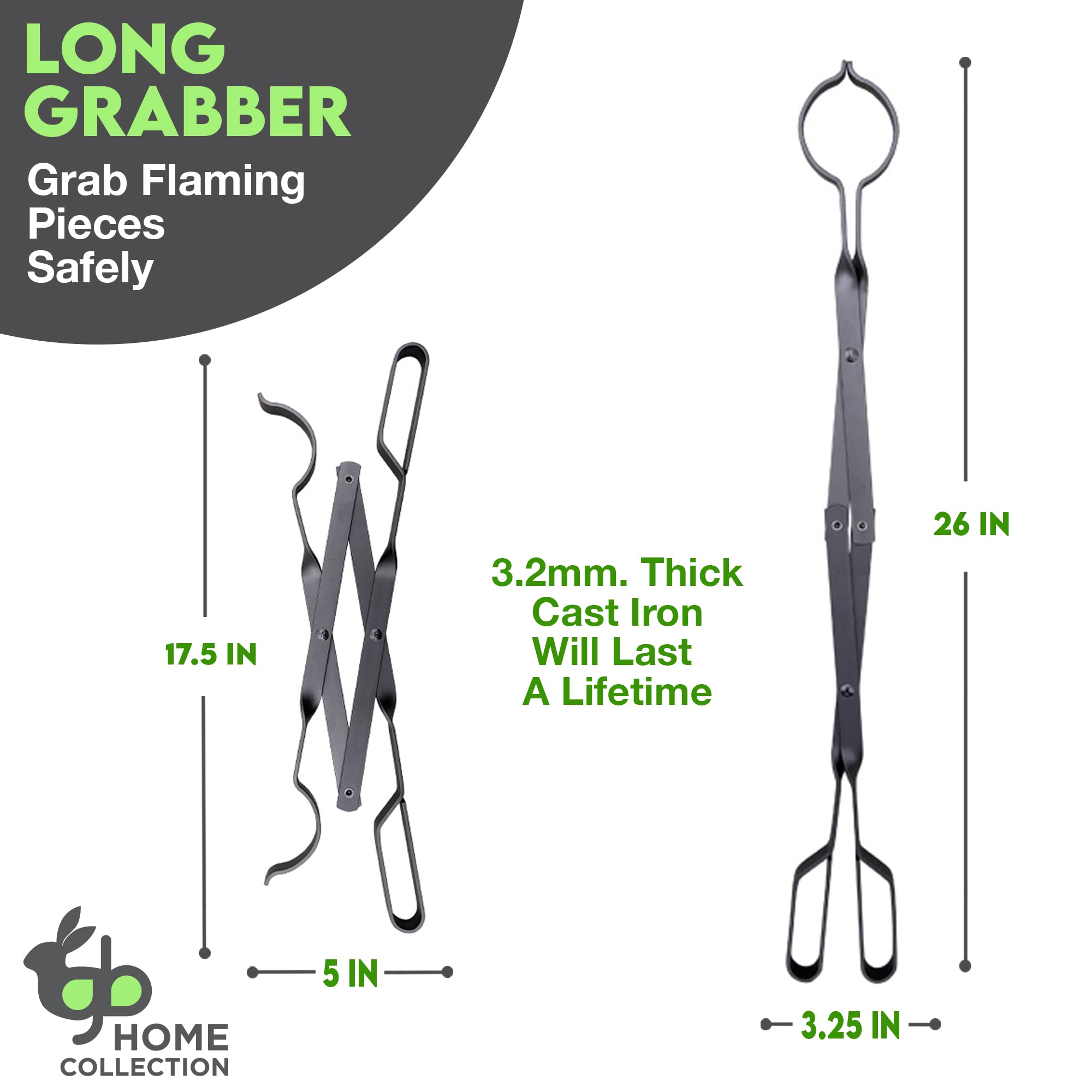 gb Home Collection Heavy Duty Cast Iron Fireplace Tongs, Log Grabber, Log Tweezers, Log Claw Fireplace Accessory for Indoor Outdoor