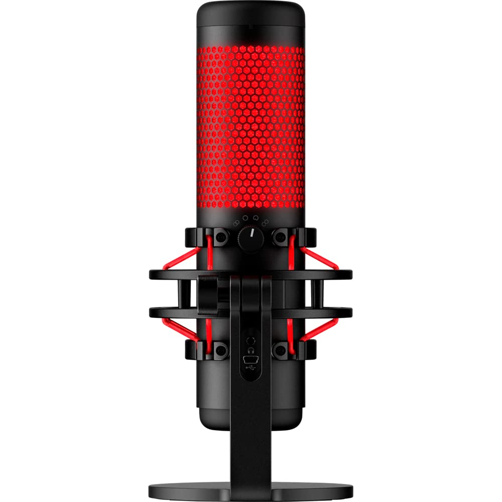HyperX 4P5P6AA QuadCast Electret USB Condenser Microphone, Black/Red Bundle with Deco Gear Adjustable Mic Suspension Boom Scissor Arm Stand, Screw Thread Adapter and Pop Filter Microphone Wind Screen