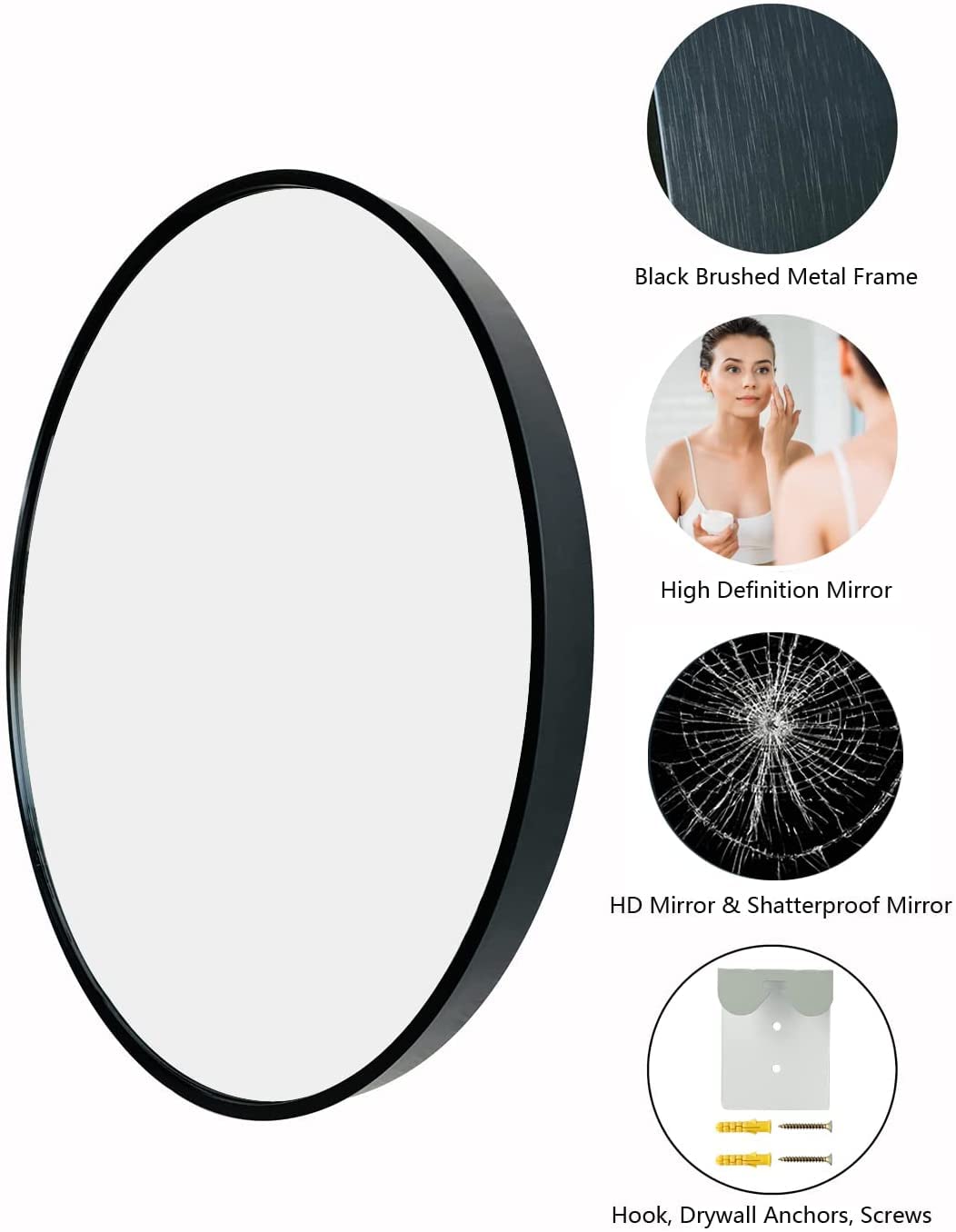 SHERBECK Black Round Bathroom Mirror Circle Wall Mirror 24X24 Wall Mounted Mirror for Living Room,Bedroom,Entryways Vanity(Black,24")