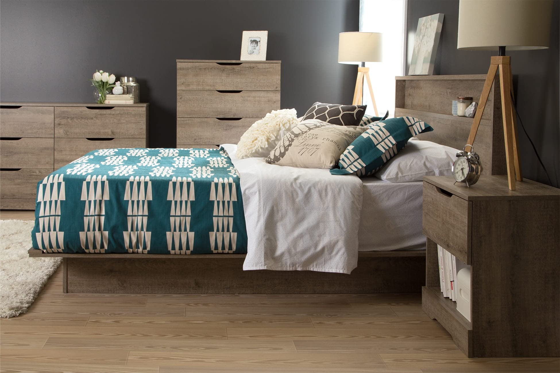 South Shore Holland Platform Bed with Drawer, Queen, Weathered Oak