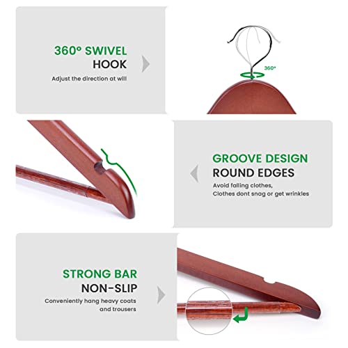 Nature Smile Wooden Suit Hangers 20 Pack Premium Solid Wood Coat Clothes Hangers with Non Slip Bar - Smooth Finish with 360° Swivel Hook and Smooth Notches for Camisole Jacket Pant Dress Cherry Color