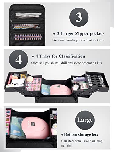 Large Nail Supply Organizers and Storage for Nail Tech, 4 Trays Nail Polish Organizer Travel Bag, Makeup Train Case Professional for Crafter Tools, Cosmetologist, Makeup Tools Organizer Case (Black)