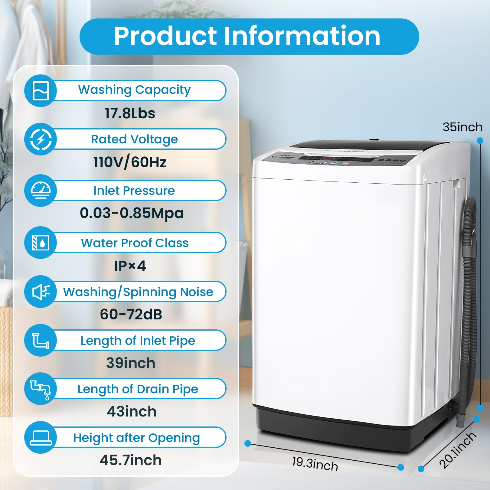 Nictemaw 2.4 Cu.Ft Portable Washing Machine, 17.8lbs Portable Washer Dryer Combo with Drain Pump, Full Automatic Portable Washer with 10 Programs 8 Water Levels LED Display for Apartments, RV, Dorms
