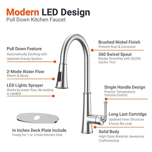 Kitchen Faucet with Pull Down Sprayer - LEPO Kitchen Sink Faucet with Led Light, Brushed Nickel, High Arc Commercial Stainless Steel Pull Out Rv Kitchen Faucet Bar(No Batteries Required)