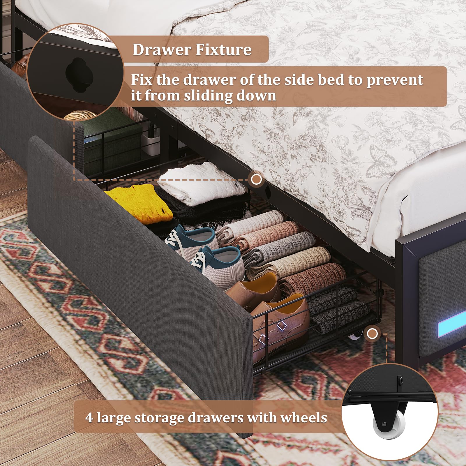 King Bed Frame with Headboard Storage, Bookcase Bed Frame with Charging Station and LED lights, High Bed Frame King Size with Hidden Storage, Noise-Free, Metal Support, No Box Spring Needed, Gray
