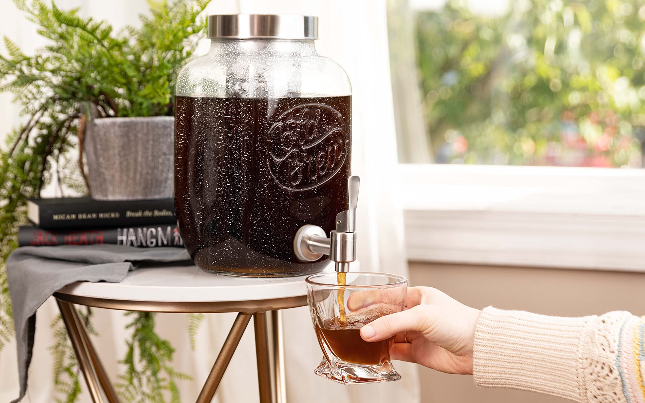 Kook 1 Gallon Mason Jar Drink Dispenser, Thick Glass Carafe, Stainless Steel Spigot and Mesh Filter, Premium Iced Coffee Maker, Cold Brew Pitcher & Tea Infuser