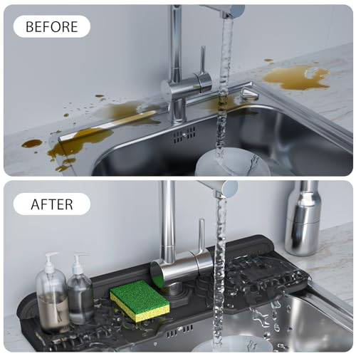 Kitchen Sink Splash Guard, Silicone Draining Mat Kitchen Faucet, 90° Foldable Design to Accommodate a Variety of Sink Countertops Black (17* 5.9)