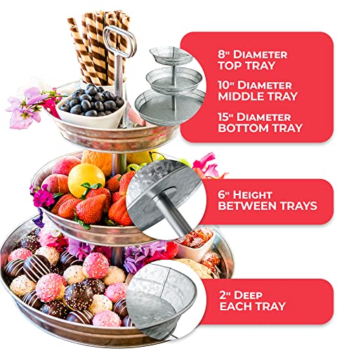 StarPack Farmhouse Style Three Tier Serving Tray - Rustic Kitchen 3 Tiered Tray with 3 Tier Metal Stand - Three Tiered Tray for Deserts & Party Bites - Sturdy & Stylish 3 Tier Serving Stand